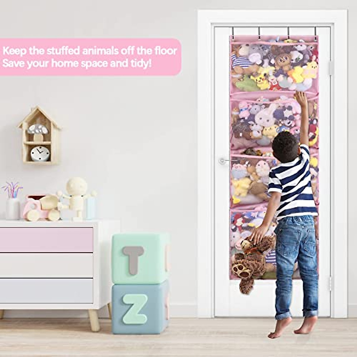 Stuffed Animal Storage, Over The Door Organizer Storage for Closet, Baby, Plush Toy, Stuffed Animal Holder with 4 Large Pockets, Hanging Door Organizer for Nursery, Bedroom, Bathroom, Kids Room (Pink)