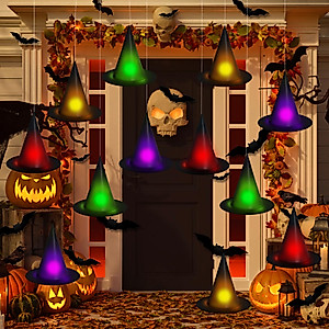 YUJUN 24PCS Halloween Decorations Witch Hats Lights,Colorful Halloween Hanging Witch Hats with 3D Bats Decorations for Indoor Outdoor Yard Garden Porch Halloween Decor and Costumes