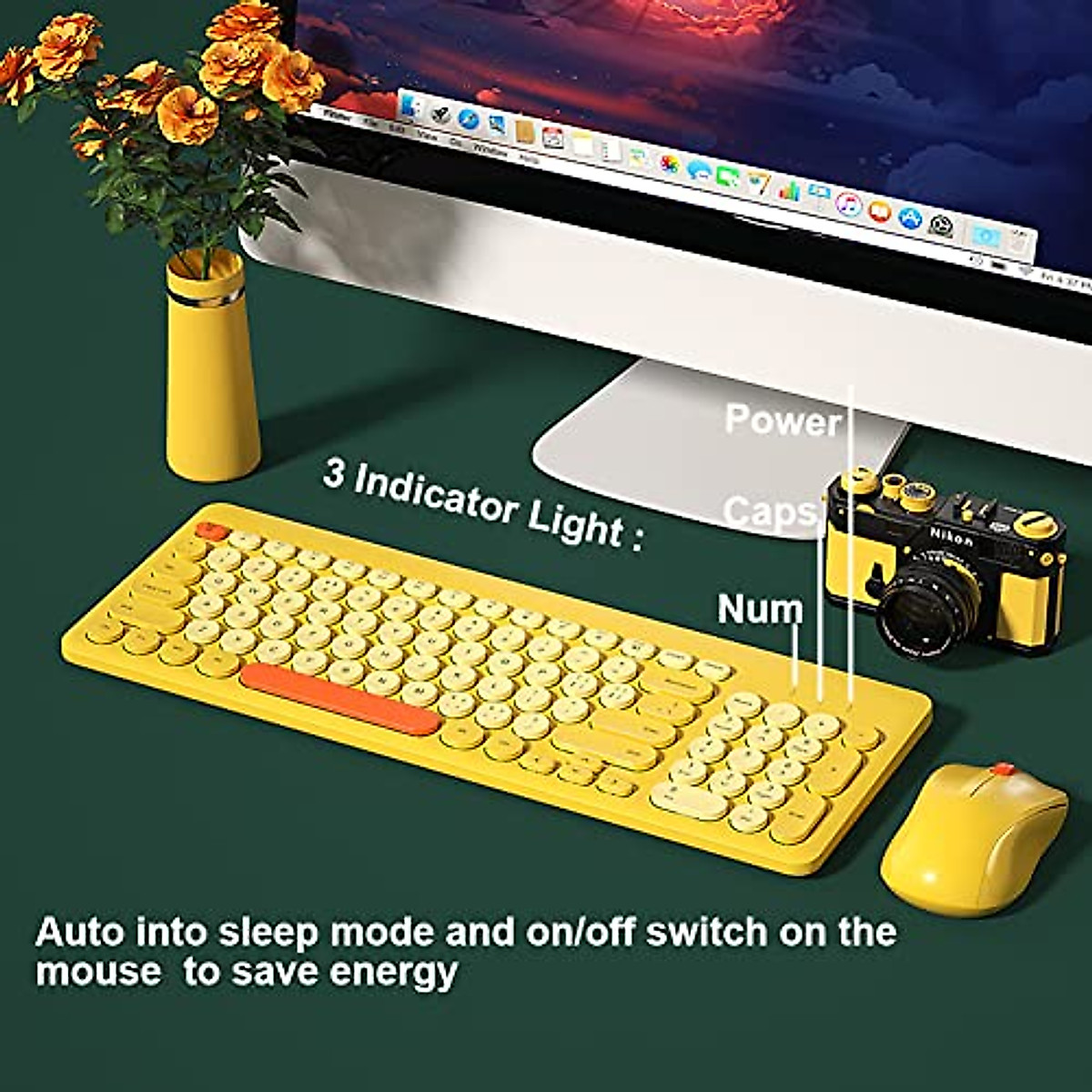 Wireless Keyboard with Mouse Combo, 2.4G Full Size Keyboard with Round Keycap and Silent Optical Mice Set for Computer PC Laptop (Yellow)