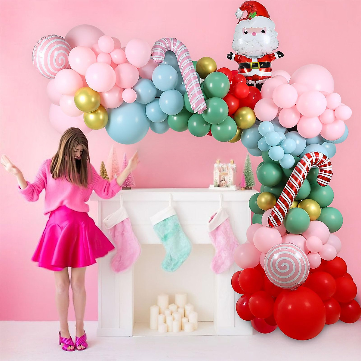 Christmas Balloon Garland Arch Kit, 140Pcs Christmas Balloons with Cane Candy Foil Balloons for Christmas Party Decorations Xmas New Year Birthday Party Supplies