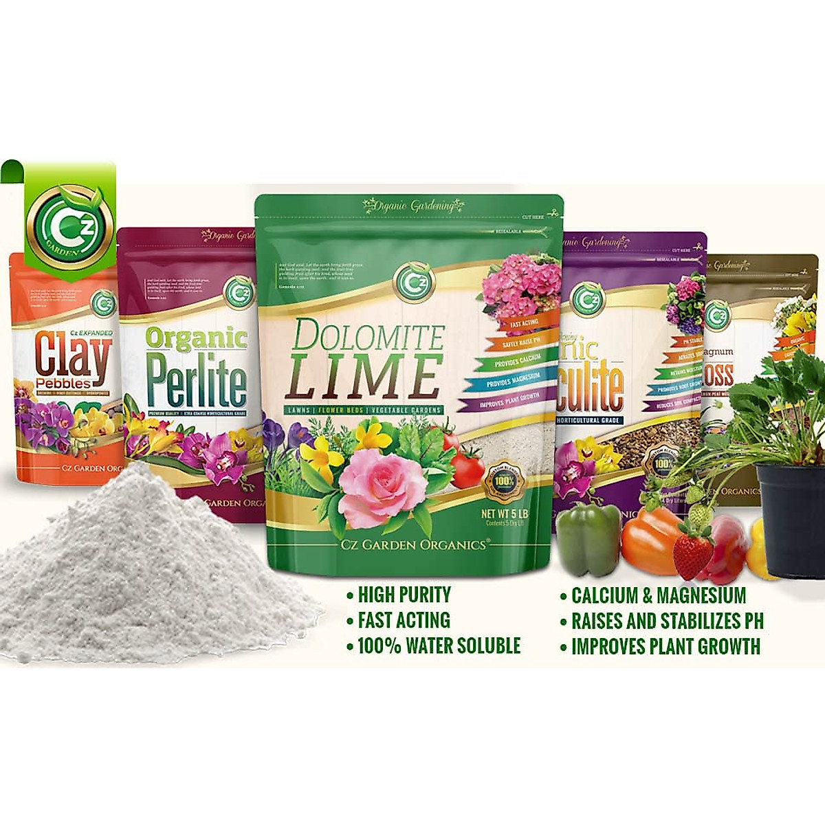 Organic Dolomite Lime - Made in USA Garden Soil Amendment Fertilizer for Plants. Calcium/Magnesium Additive. Safely Raise & Stabilize pH - Earthbox. 100% Water Soluble.