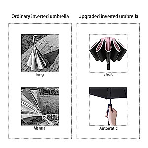 ALFROTEY Automatic Open Large Compact Reverse Umbrella for Rain and UV Protection Inverted Folding Umbrellas with Reflective Safe Stripe Portable for Men and Women (Pink, L)