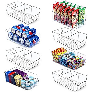 Set of 4, 10 Inch Non-Skid Lazy Susan Organizers + Set of 8, Stackable Clear Bins with Removable Dividers - Pantry Food Snack Organization and Storage - Multi-Purpose Plastic Home Organizer Containers