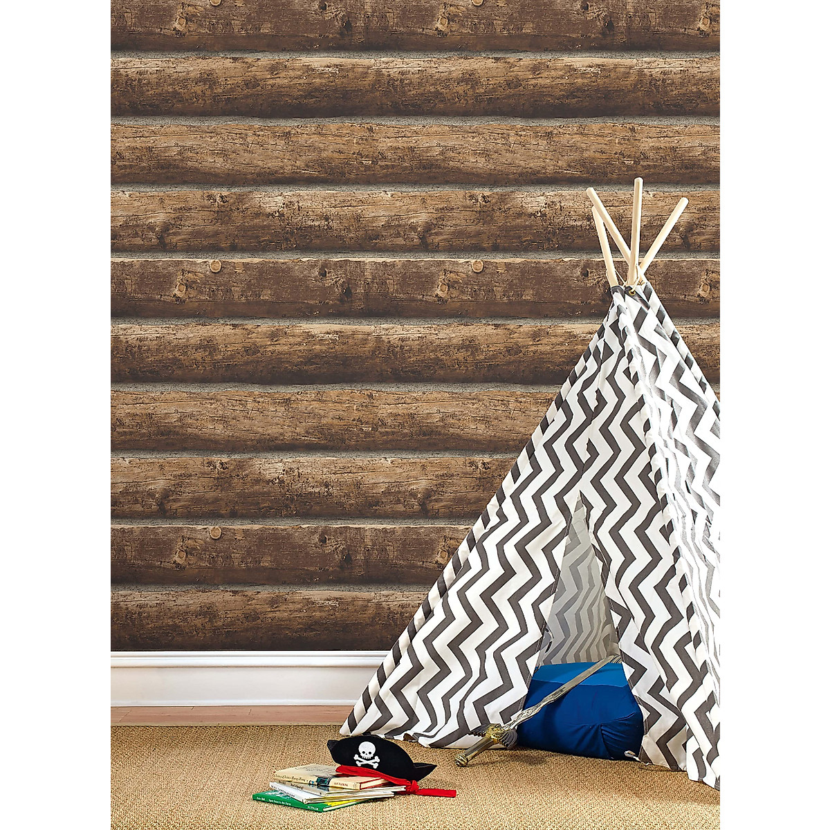NextWall Faux Log Cabin Peel and Stick Wallpaper