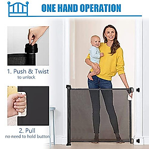 Double Elite Retractable Stair Gate 71 inch Widest Baby Safety Gate, 34” Tall, One Hand Operated Baby Gate with Spacers/Upgraded Parts, Indoor/Outdoor Stair Gate for Baby/Pet Dog/Stairway, Black