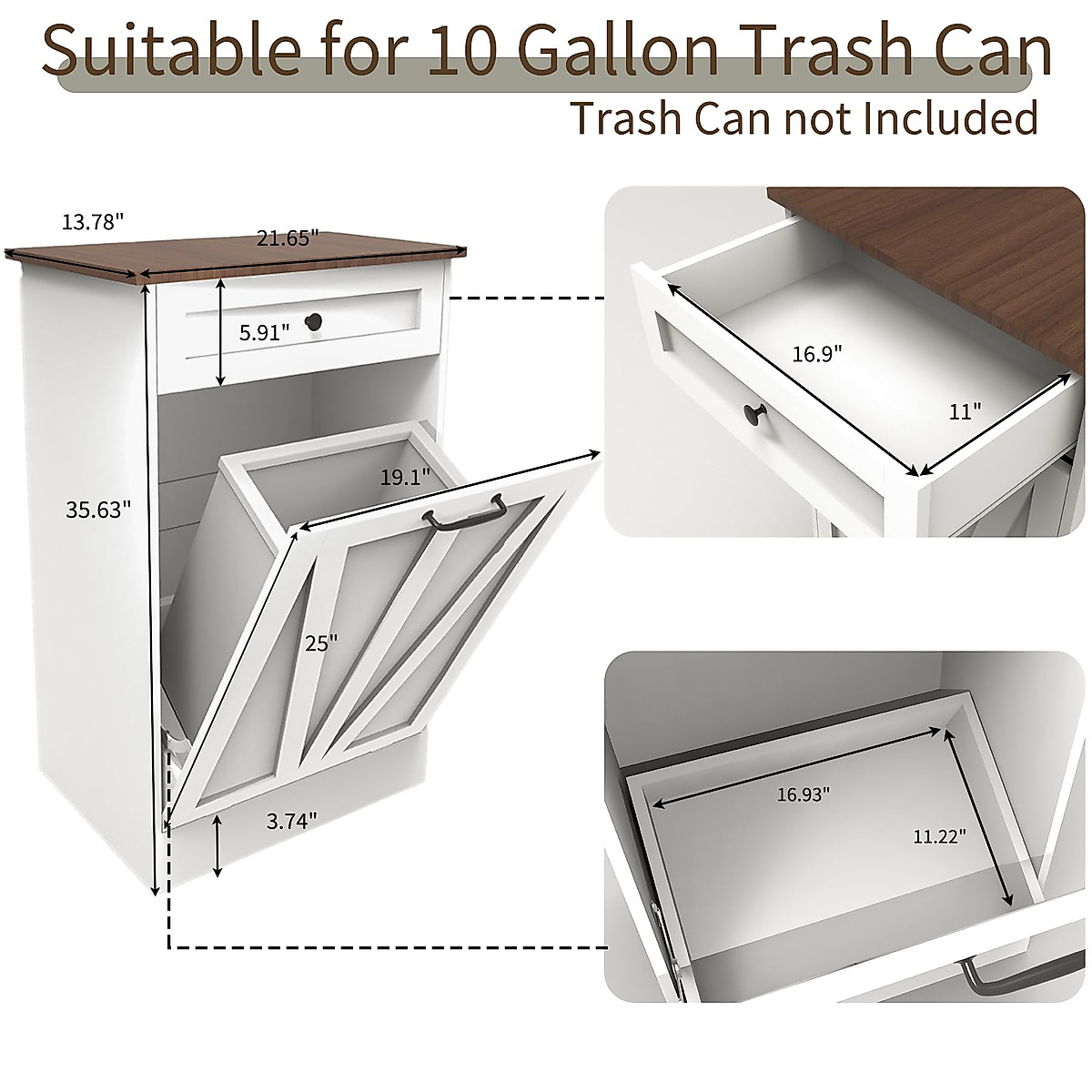 CREAWELLAY Tilt Out Trash Can Cabinet, 13 Gallon Large Hidden Kitchen Garbage Can with Storage Drawer, Farmhouse Wooden Garbage Bin Cabinet for Laundry Room, Living Room (White)