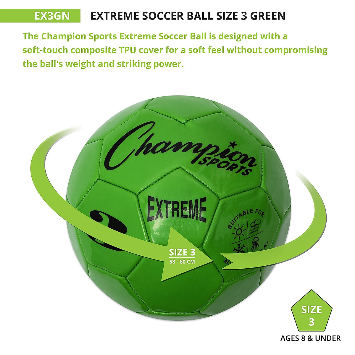 Champion Sports Extreme Series Soccer Ball, Size 3 - Youth League, All Weather, Soft Touch, Maximum Air Retention - Kick Balls for Kids Under 8 - Competitive and Recreational Futbol Games, Green