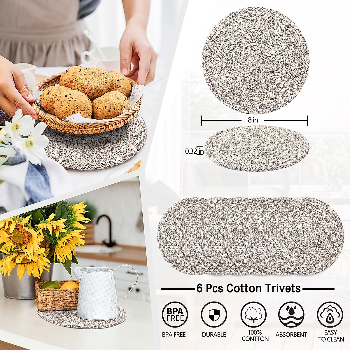 Coga 8" Trivets for Hot Dishes, Hot pots and Pans, 6 Pack Heat Resistant Hot Pads, Pot Holders for Kitchen, Hot Plate Mats for Table and Countertops, Farmhouse Decor Home Kitchen Essentials, Brown