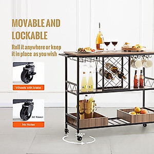 VEVOR Bar Cart, Home Serving Cart, 3 Tiers 300 LBS Industrial Rolling Beverage Station on Lockable Wheels, Mobile Alcohol Drink Cart with Removable Tray Wine Rack Glass Holder for Kitchen Dining Room