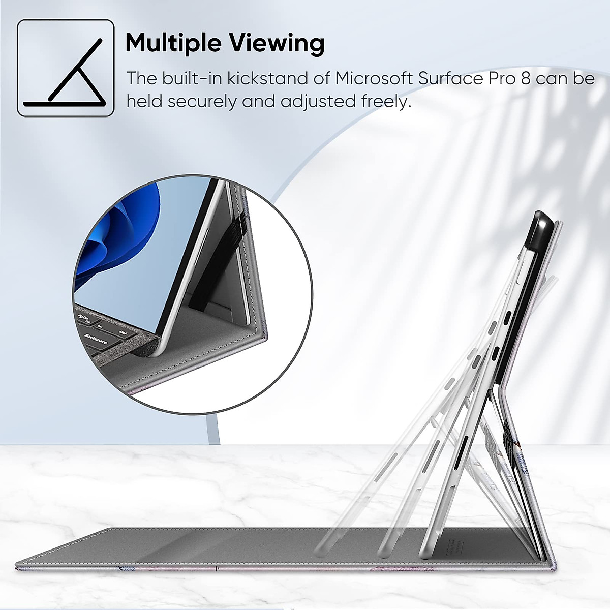 Fintie Case for 13 Inch Microsoft Surface Pro 8 (2021 Release) - Multiple Angle Viewing Portfolio Business Cover with Pocket and Stylus Holder, Compatible with Type Cover Keyboard, Marble Pink