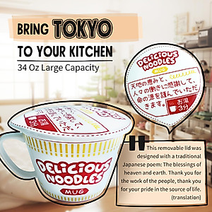 Sophie & Panda Porcelain Instant Noodle Bowl Mug With Handle 34 Oz - A Must-Have Accessory For Anyone Who Loves Asian Noodles - One Novelty 5.5” X 4.5” Ramen Bowl with Lid (Red)