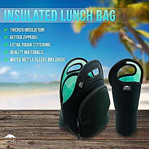 Nordic By Nature Neoprene Lunch Bag For Women, Men & Kids Extra Thick Insulated Neoprene Lunch Tote With Water Bottle Sleeve Durable Reusable Machine Washable Extra Pocket YKK Zippers (Turquoise)