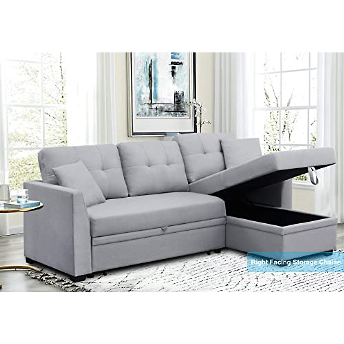 Sleeper Sectional Sofa Pull Out Sofa Bed for Small Spaces Small Sectional Couch Bed for Living Room with Storage Chaise for Apartment Bedroom,Guest Room, Grey
