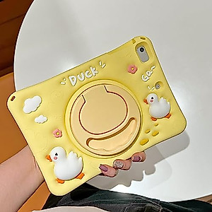 Premium Cute Soft Silicone Yellow Duck Kawaii Pattern Tablet Case with Built-in Foldable Kickstand and Lanyard Shockproof Cover Case for iPad Air 4 2020 10.9"