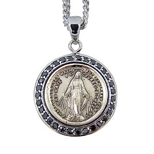 Sterling Silver Round Miraculous Medal Pendant with Black Gllass Accent Border, 3/4 Inch