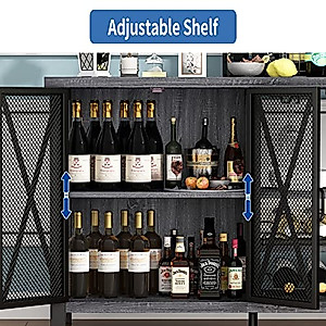 OIOG Wine Cabinet with Removable Wine Rack and Glass Holder, Wine Bar Cabinet for Liquor, Home Bar Coffee Cabinet Sideboards with Metal Mesh Doors for Living Room(Gray)