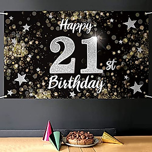 Nelbiirth Happy 21st Birthday Black & Silver Star Large Banner - Cheers to 21 Years Old Birthday Home Wall Photoprop Backdrop, 21st Birthday Party Decoration.