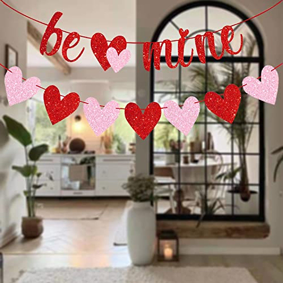 Valentines Day Banner Red and Pink Glittery Be Mine Banner Paper Heart Garland Banner for Valentines Day Decorations Wedding Proposal Engagement Bachelorette Party Decor Supplies - Pack of 2