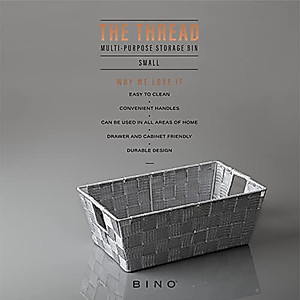 BINO 3 Pack Woven Strap Storage Basket Organizer - Shelf/Under Bed Organizers with Built-in Carry Handles, Light Grey (Small)