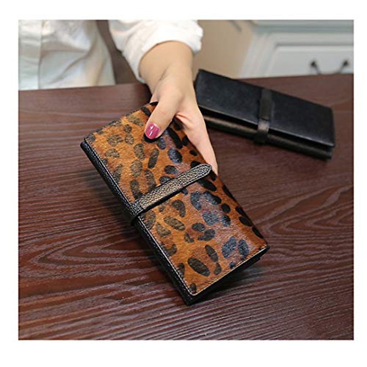 HANSOMFY 2021 New Horsehair Leather Wallet Women Long Leopard Print Coin Purse Drawstring Card Slot Large Capacity Wallets (Leopard)