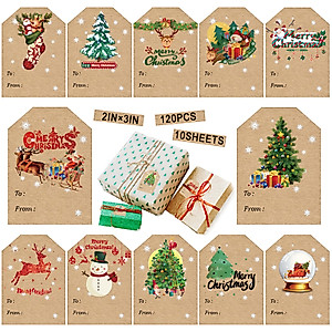 120 Pcs Christmas Gift Tags, Christmas Self Adhesive Gift Tag Stickers, Holiday Labels for Gifts Santa, Snowman, Tree, Reindeer Present Name Labels for DIY Xmas Gift, 2 x 3 Inch, Kraft paper stickers