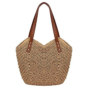 jascaela Women's Straw Woven Bag Large Tote Handbag Summer Beach Handwoven Shoulder Bag - Light brown