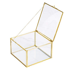 Golden Square Vintage Brass & Clear Glass Decorative Box Home Decor, Small Jewelry Case Box Organizer with Latching Lid, 5x5x3in