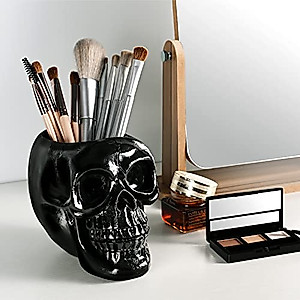 Tofun Black Skull Face Pen Holder Pencil Holder,Makeup Brush Storage Holder,Resin Pencil Cup Stationery Storage for Desktop,Resin Plant Pot,Decorative Skeleton Head Halloween Decor