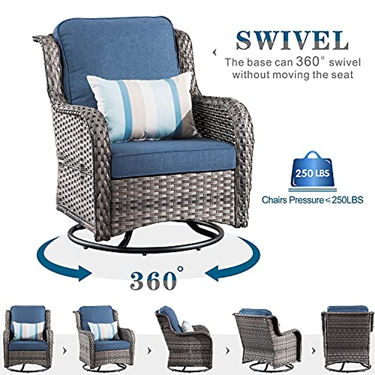 XIZZI Patio Chair Outdoor Swivel Rocking Patio Chairs Set of 2 and Matching Side Table 3 Pieces PE Rattan Wicker Patio Bistro Set 360 Degree Rotation Chairs,Grey Wicker Denim Blue