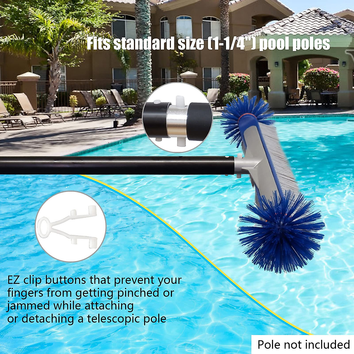 Brosse de nettoyage professionnelle pour sol et mur de piscine de 44,5 cm avec poils en nylon durables à 360 degrés, poignée en aluminium EZ Clip - balayage facile des murs, sols, marches