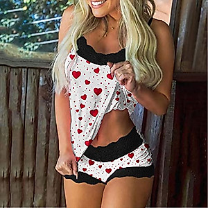 NOLDARES Lingerie for Women Lace Valentines Printed Sexy Lingerie for Women 2-Piece Pajamas Sleeveless Nightie Cami Sets