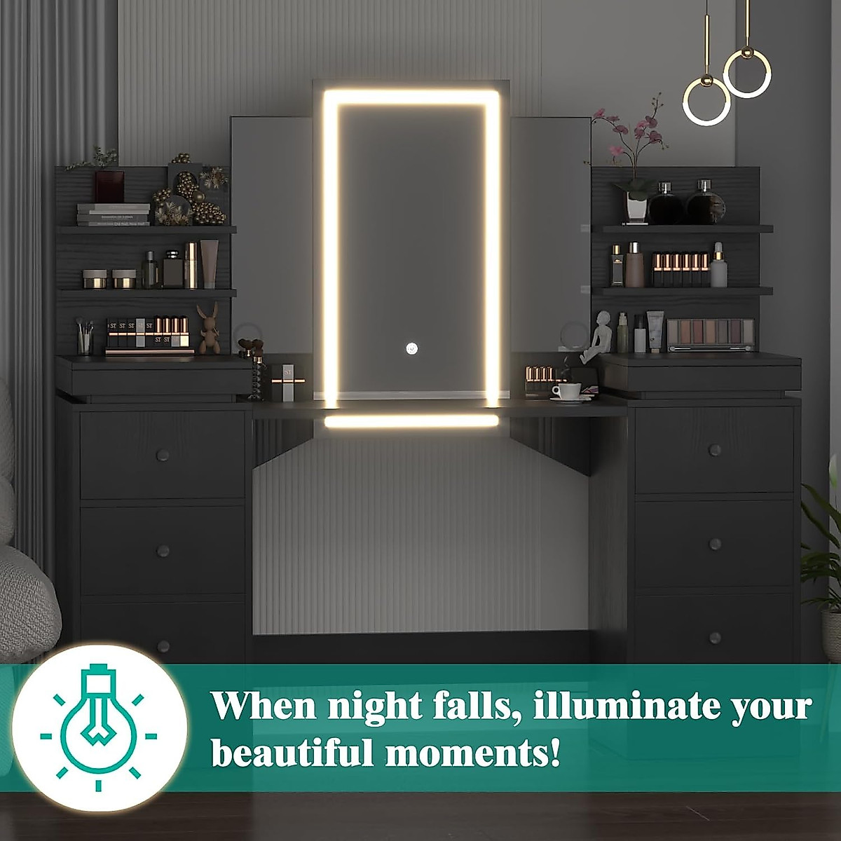 57.1" W Vanity Makeup Table with Lighted Mirror Table with Tri-Folding Mirror, 8 Drawers, 3 Light Modes, Open Storage Shelves, Vanity Table as Gifts for Girls/Women Vanity must Haves White (White)