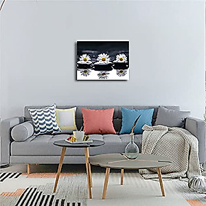QTESPEII Black and White Canvas Wall Art Yellow Daisy Pictures Flower and Stone Paintings for Bathroom Living Room Bedroom Office Decoration Framed Still Life Modern Zen Home Decor 12"x16" 1 Panel