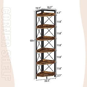 Rolanstar Corner Shelf, 6 Tier Book Shelf Display Shelves, Corner Ladder Shelf Plant Stand for Living Room, Kitchen, Balcony, Small Space, Rustic Brown