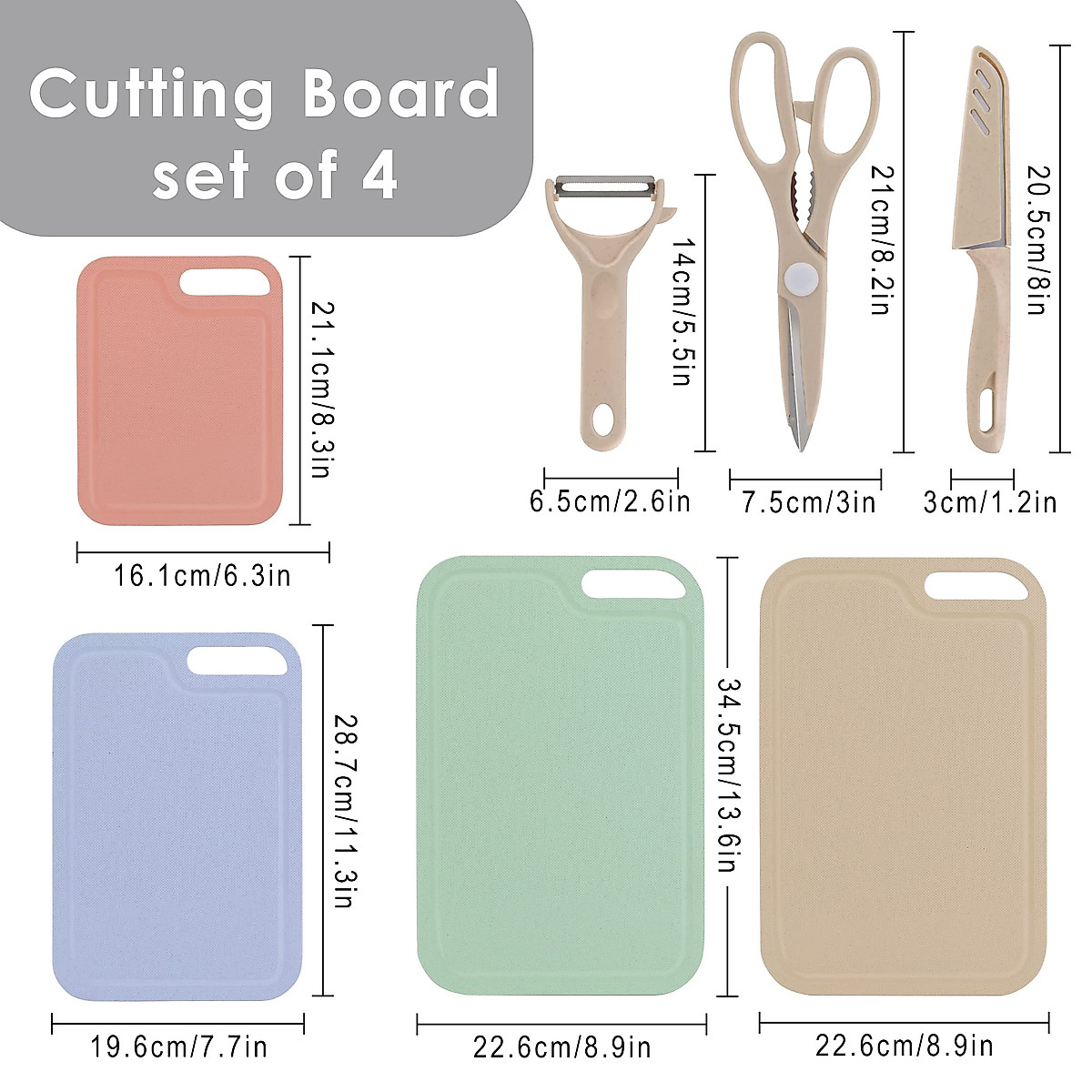 Arquiel Plastic Cutting Boards for Kitchen, 7 Pcs Multiple Size Cutting Boards with Fruits Vegetable Peeler Scissors Knife Set, Camping Kitchen Apartment Essentials