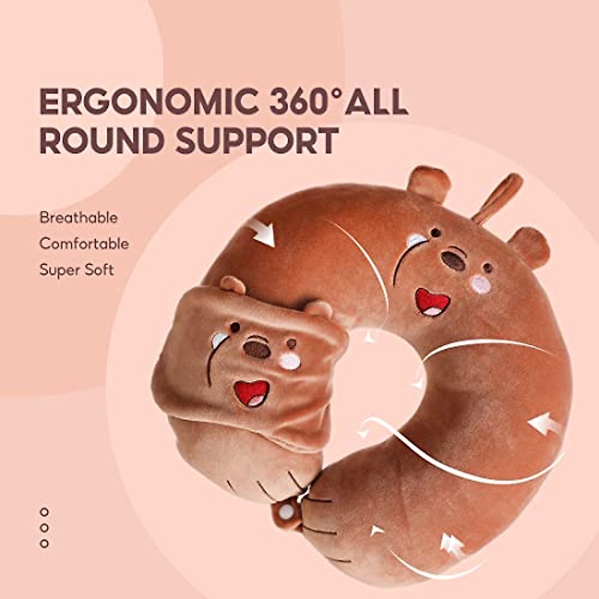 MINISO Travel Neck Pillow with Eye Mask, We Bare Bears Memory Foam Neck Support Cartoon Pillow Valentine's Day Gift for Traveling, Sleeping, Airplane, Car, Home & Office(Grizzly)