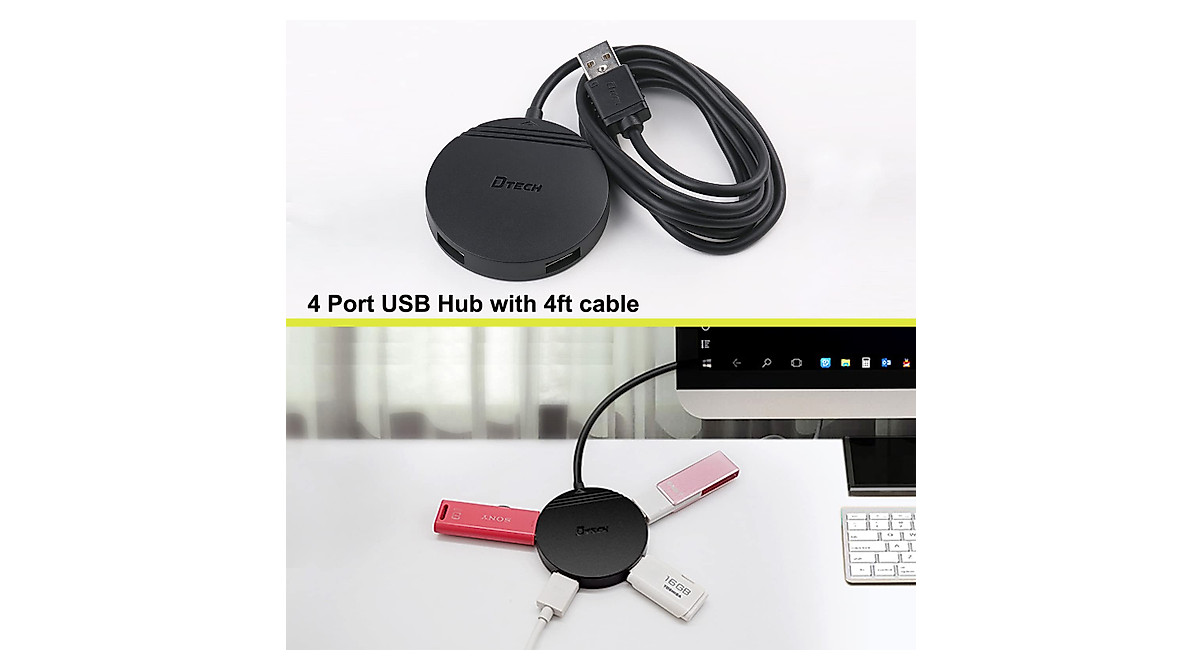 DTECH 4-Port USB Hub with 4ft Long Cable