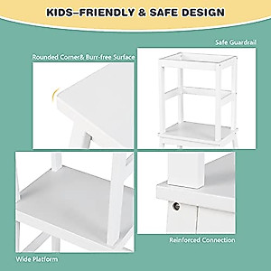 Costzon Kids Kitchen Step Stool with Safety Rail, 2 in 1 Solid Wood Montessori Learning Stool Standing Helper for Kitchen Counter, 2-Tier Seat Stool for Toddlers 18 Months-5 Years Old, White