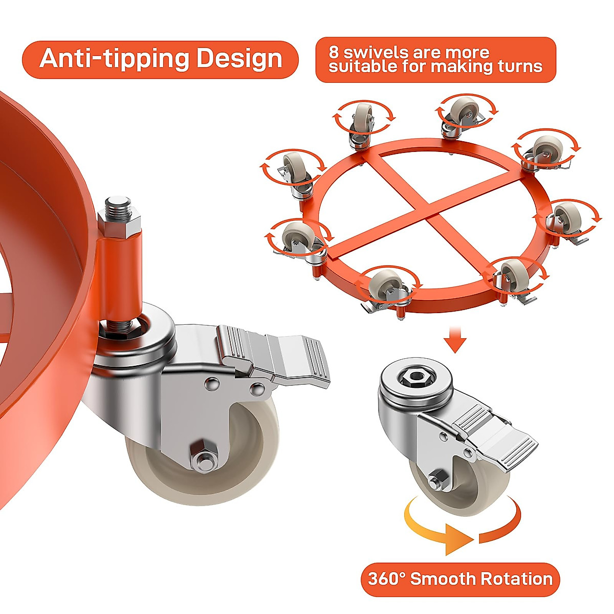 GAOMON 55 Gallon Drum and Barrel Dolly, 2000 LBS Capacity Dolly with 8 Caster Wheels, Trash Can Dolly Non-tipping Hand, Orange Steel Frame Dolly