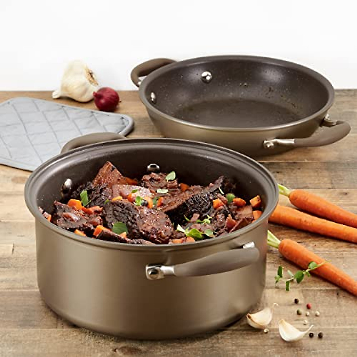 Anolon 83868 Advanced Hard Anodized Nonstick Stockpot / Dutch Oven with Frying / Skillet Pan - 5 Quart and 11 Inch, Bronze Brown