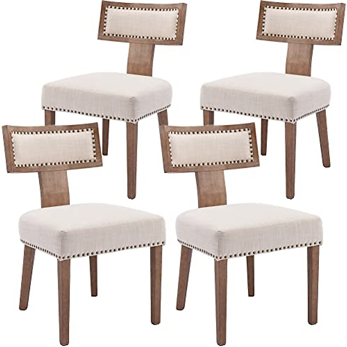 Wahson Set of 4 Farmhouse Kitchen & Dining Room Chairs with Metal Nailhead Trim, Retro Linen Upholstered Dining Chair with Natural Hardwood Legs, Beige