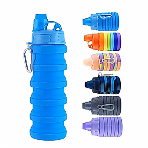 konlongzan Collapsible Water Bottle Travel Water Bottle Portable Hiking Water Bottle with Leak proof Twist Cap 500ML Reusable BPA Free Silicone Water Bottles (Style1, Blue)