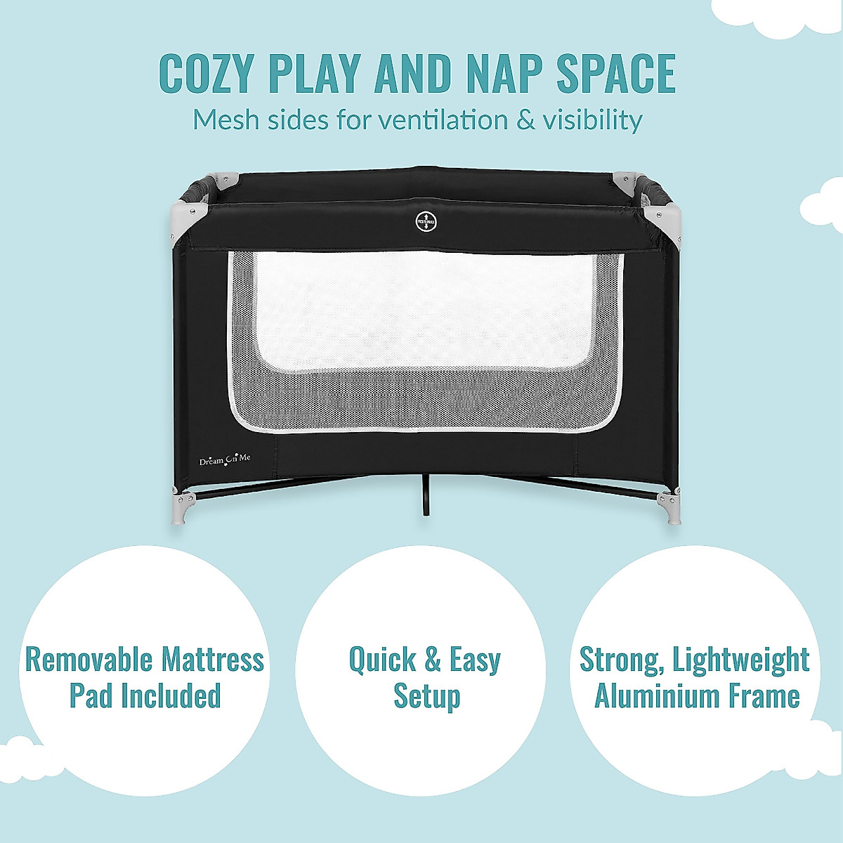 Dream On Me Zoom Portable Playard in Dark Grey, Lightweight, Packable and Easy Setup Baby Playard, Breathable Mesh Sides and Soft Fabric - Comes with a Removable Padded Mat