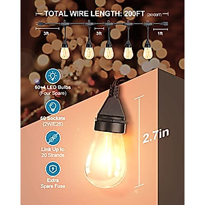 Lightdot 200 FT (2x100FT) Outdoor Dimmable Linkable Heavy Duty Led Light String with 60+4(Replaceable) 1.5W Shatterproof LED Bulbs, Hanging Lights for Cafe Bistro Gazebo Garden Backyard - ETL Listed