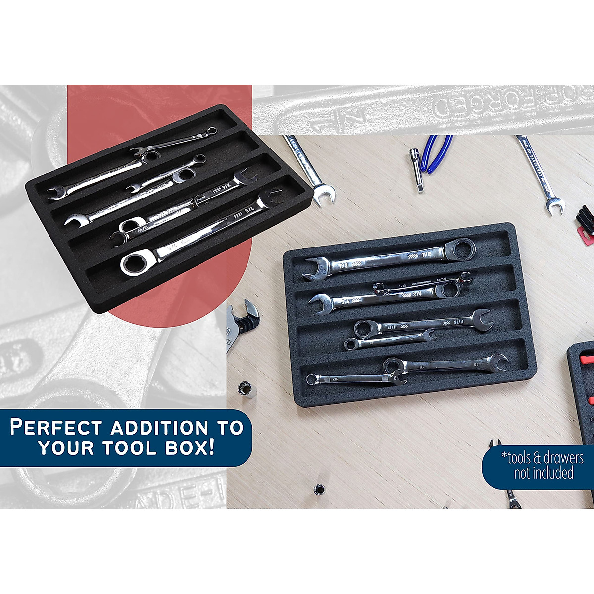 Polar Whale Tool Drawer Organizer 3-Piece Wrench Insert Set 4 Pockets Black Durable Foam Holds Many Tools 15 x 10 Inch Trays Fits Craftsman Husky Kobalt Milwaukee Many Others
