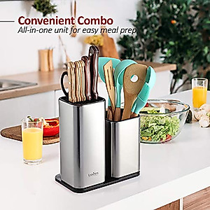 Knife Holder and Utensil Holder - Stainless-Steel Modern Rectangular Design Universal Knife Block and Kitchen Utensils Organizer for Counter-top