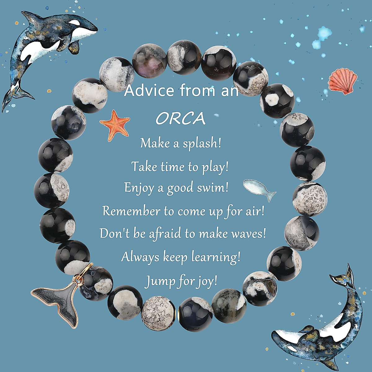 Orca Bracelets for Women Orca Whale Gifts Killer Whale Orca Beaded Charm Orcas Killer Whales Gifts Orca Agate Crystal Bracelet Orca Tail Ocean Beads Bracelet Healing Bracelets Inspirational Gift