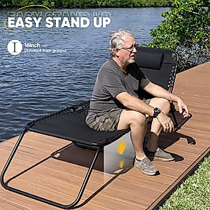 EZCHEER Oversize Folding Chaise Lounge Outdoor, 16 inch Extra High Patio Camping Sunbathing Recliner, Support 350lbs Lay Flat Pool Beach Lawn Chair with Storage Bag, Black