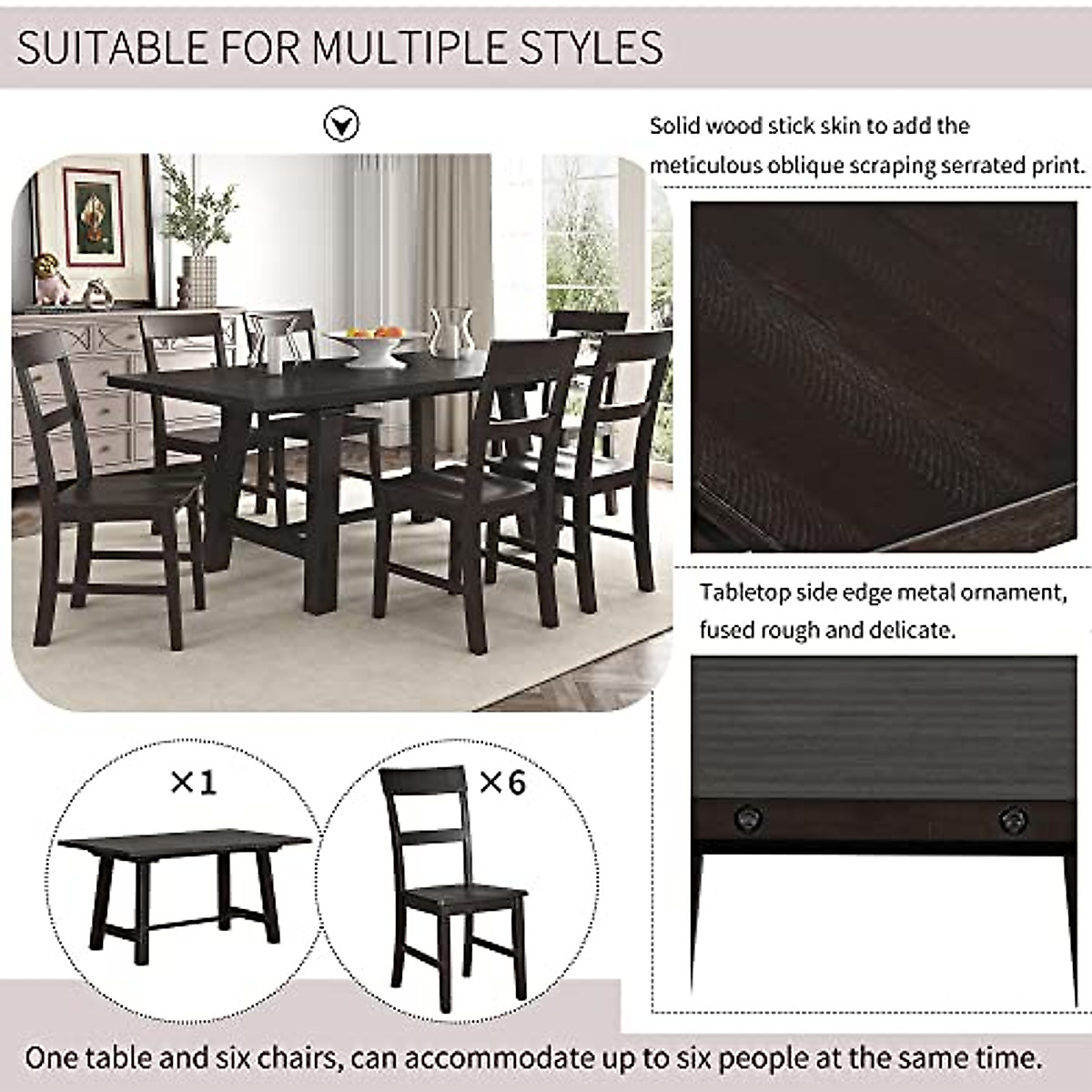 Danxee 7 Piece Solid Wood Dining Room Set, Retro Industrial Style Kitchen Table Set Extendable Table with 18” Leaf and Six Wood Chairs, Rectangle Table with Chairs for Limited Space (Espresso)