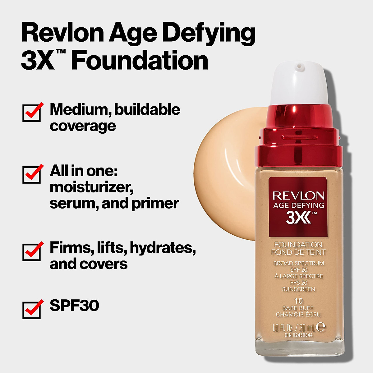 Revlon Liquid Foundation, Age Defying 3XFace Makeup, Anti-Aging and Firming Formula, SPF 30, Longwear Medium Buildable Coverage with Natural Finish, 030 Soft Beige, 1 Fl Oz